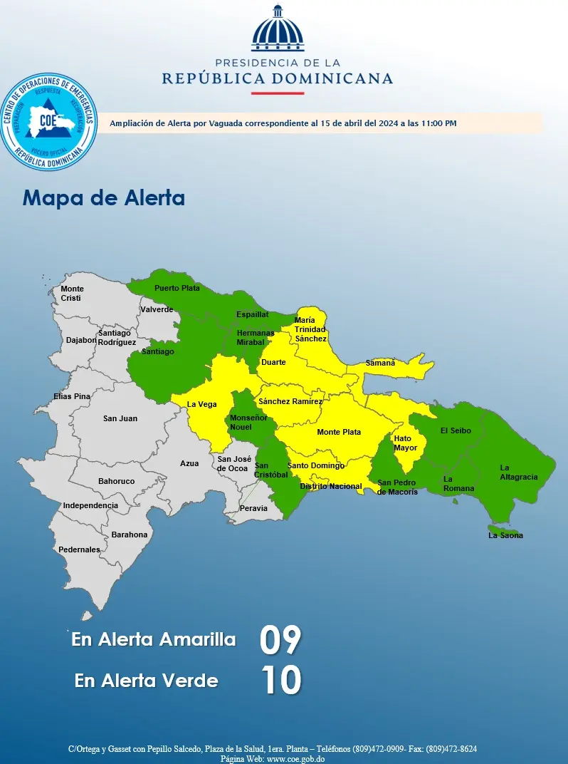 El COE aumenta a 09 provincias en alerta amarilla y mantiene 10 en verde | Noticias SIN