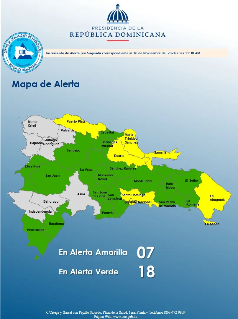COE mantiene alerta amarilla para 7 provincias y 18 en alerta verde | Noticias SIN